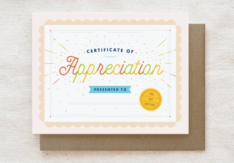 Certificate of Appreciation Thank You - Quirky Paper Co Vancouver, Canada
